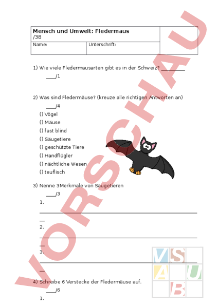 Arbeitsblatt: Test Fledermaus - Biologie - Tiere