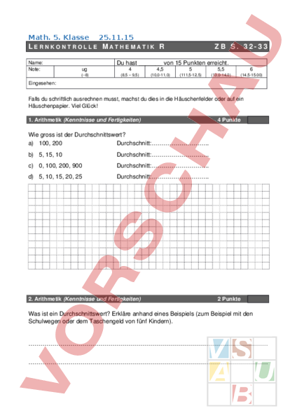 Arbeitsblatt: LK Durchschnitt - Mathematik - Sachrechnen / Grössen