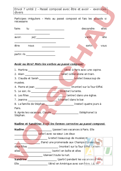 Arbeitsblatt: Envol 7 Unité 2 passé composé avoir et êtrre ...