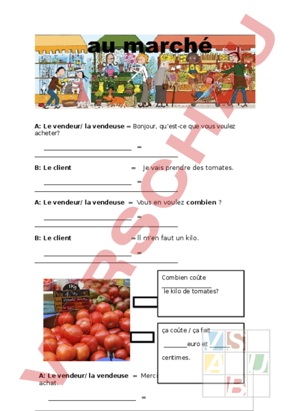 Arbeitsblatt: au marché - Französisch - Wortschatz