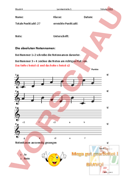 Arbeitsblatt: Musik Lernkontrolle absoluten Notennamen - Musik ...
