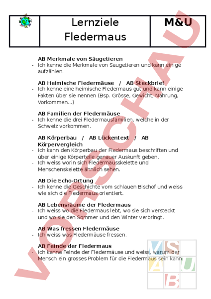 Arbeitsblatt: Lernziele Fledermaus - Biologie - Tiere