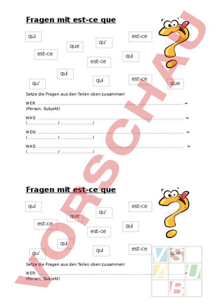 Arbeitsblatt: qui est-ce qui / qui est-ce que / ... - Französisch ...