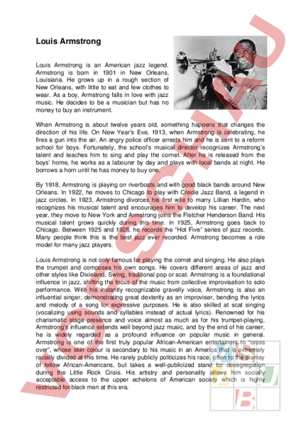 Arbeitsblatt: English Comprehension Text - Louis Armstrong - Englisch ...