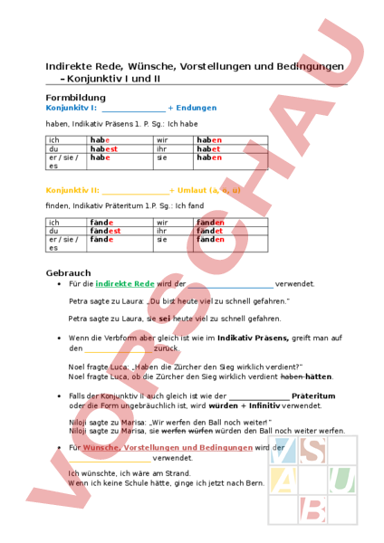 Arbeitsblatt: Konjunktiv - Deutsch - Grammatik