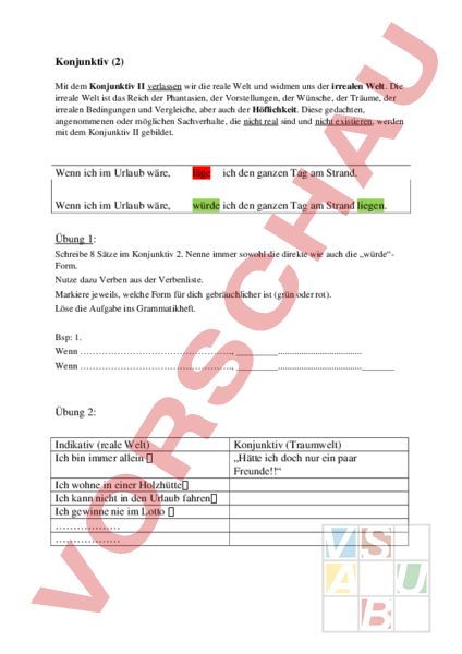 Arbeitsblatt: Konjunktiv 2 - Deutsch - Grammatik
