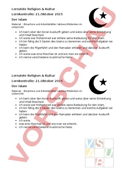 Arbeitsblatt: Islam - Lebenskunde - Religionslehre / Bibel