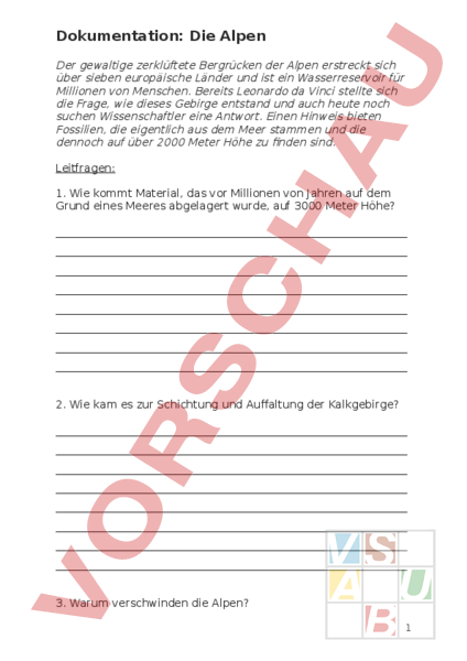Arbeitsblatt: Fragen zum Film Alpen - Geschichte - Schweizer Geschichte