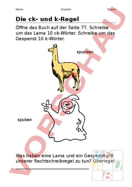 Arbeitsblatt: ck- k-Regel - Deutsch - Rechtschreibung