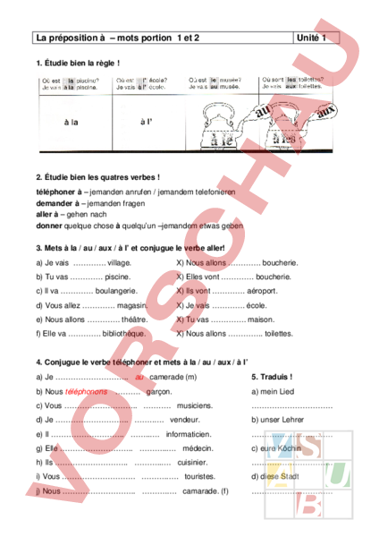 Arbeitsblatt: au à la à l' aux - Französisch - Grammatik