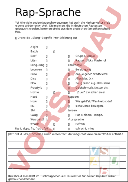 Arbeitsblatt: Rap-Slang - Deutsch - Gemischte Themen