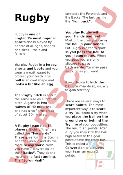 Arbeitsblatt: Text Rugby for beginners - Englisch - Gemischte Themen