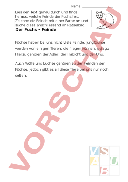 Arbeitsblatt: Fuchs - Feinde - Biologie - Tiere