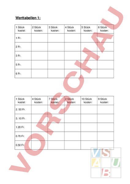 Arbeitsblatt: Wertetabelle - Mathematik - Dreisatz