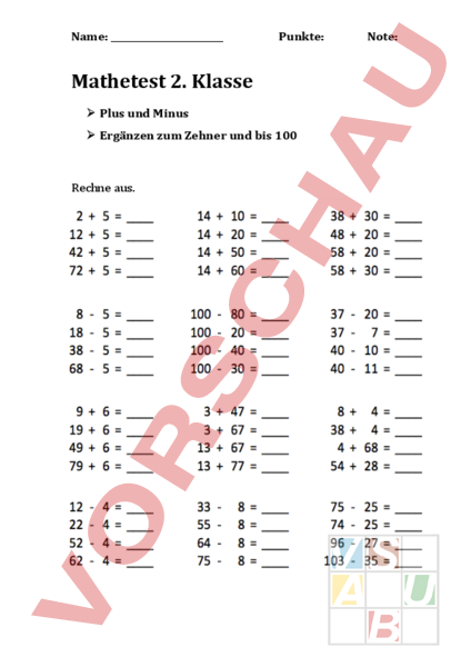 Arbeitsblatt: Mathetest Addition, Subtraktion und Ergänzen - Mathematik ...