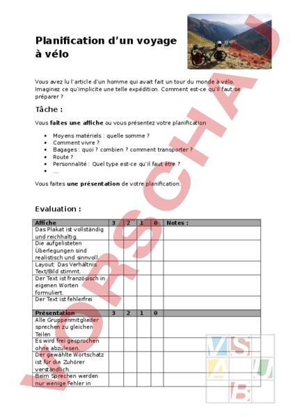 Arbeitsblatt: Planifier un voyage à vélo - Französisch - Anderes Thema