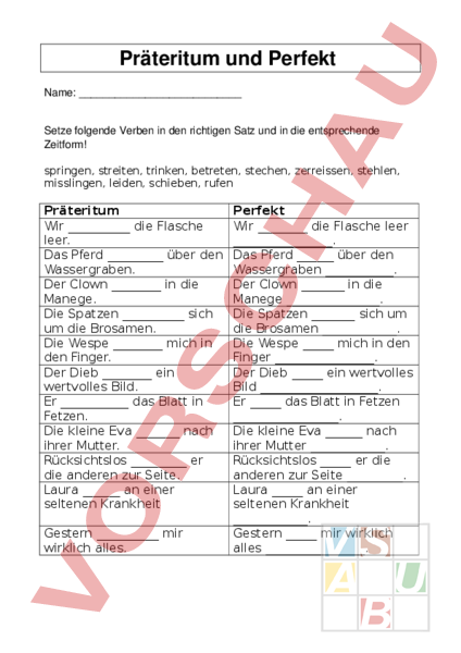 Arbeitsblatt: Verben im Präteritum und Perfekt - Deutsch - Grammatik