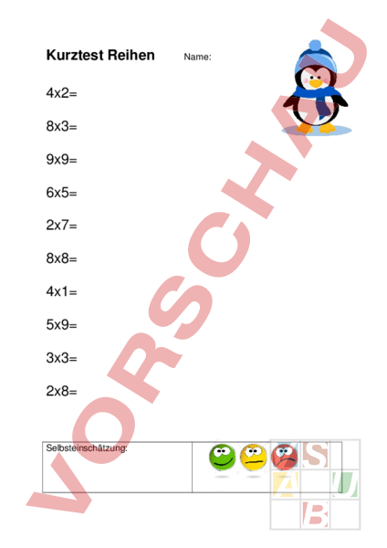 Arbeitsblatt: Kurztest Reihen - Mathematik - Multiplikation