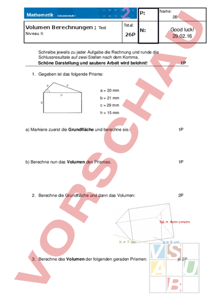 Arbeitsblatt: Test Prisma Volumen - Geometrie - Körper / Figuren