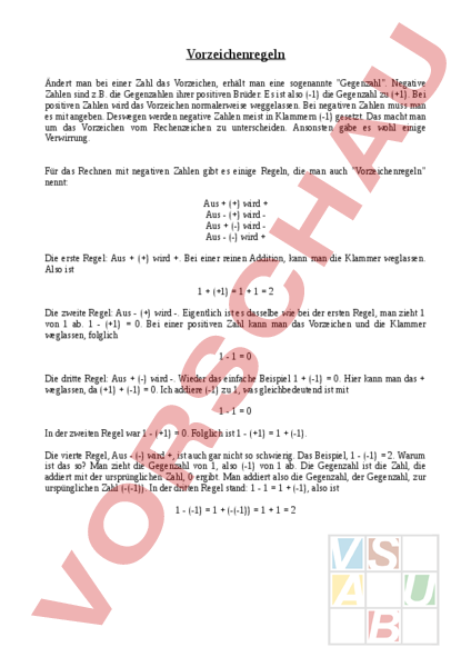 Arbeitsblatt: Vorzeichenregeln - Mathematik - Anderes Thema