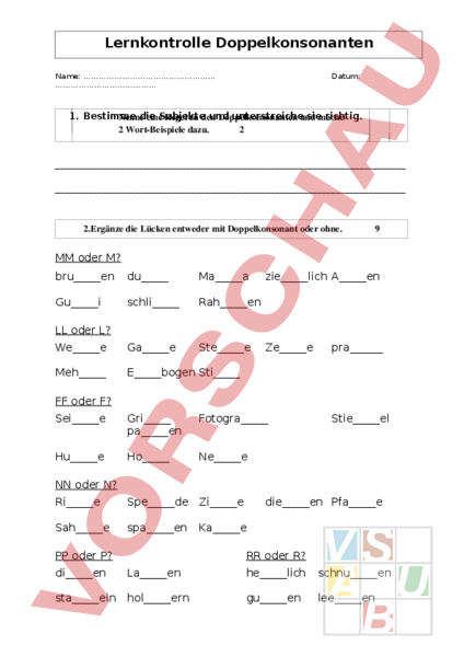 Arbeitsblatt: Doppelkonsonanten - Deutsch - Rechtschreibung