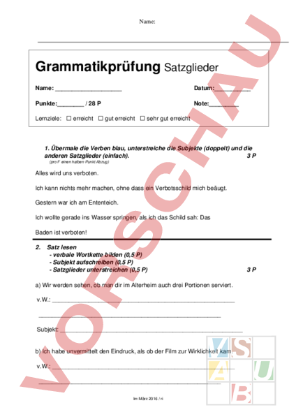 Arbeitsblatt: Deutsch- Test Satzglieder - Deutsch - Grammatik Arbeitsblatt: Deutsch- Test Satzglieder - Deutsch - Grammatik