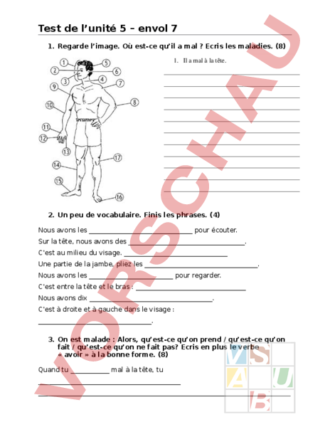 Arbeitsblatt: Tes unité 5 - les maladies - Französisch - Lehrmittel