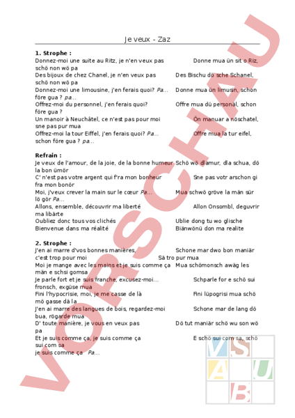 Arbeitsblatt: Lied Je veux von Zaz - Musik - Singen / Lieder