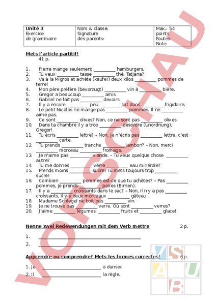 Arbeitsblatt: u 3 article partitif - Französisch - Grammatik