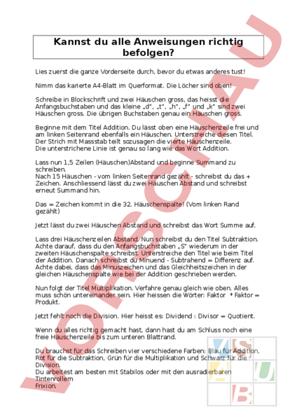 Arbeitsblatt: Anweisungen - Mathematik - Gemischte Themen