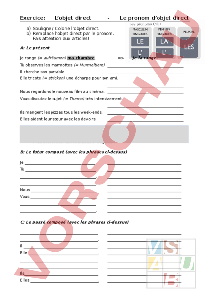 Arbeitsblatt: Pronoms objet direct - Französisch - Grammatik