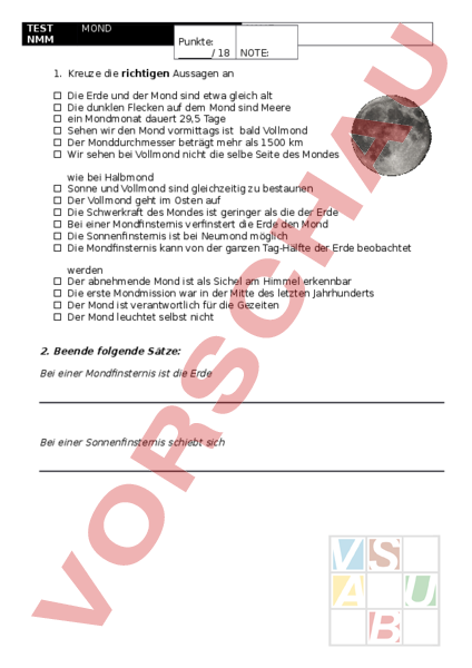Arbeitsblatt: Test zum Mond - Physik - Astronomie