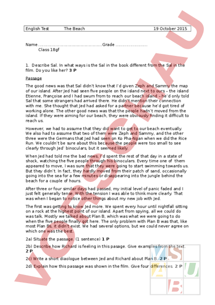 Arbeitsblatt: The Beach Test - Englisch - Lesen / Literatur