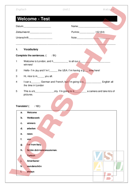 Arbeitsblatt: Welcome Test - Englisch - Lehrmittel