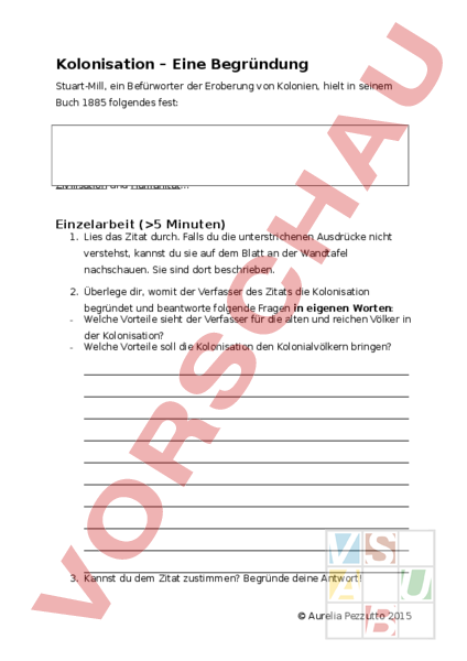Arbeitsblatt: Kolonialismus Zitat - Geschichte - Neuzeit