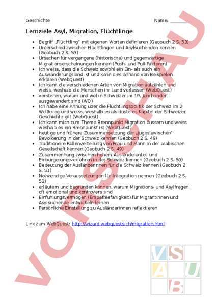 Arbeitsblatt: Lernziele Migration, Flüchtlinge - Geschichte - Anderes Thema