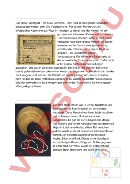 Arbeitsblatt: Geschichte des Geldes - Lebenskunde - Gemischte Themen
