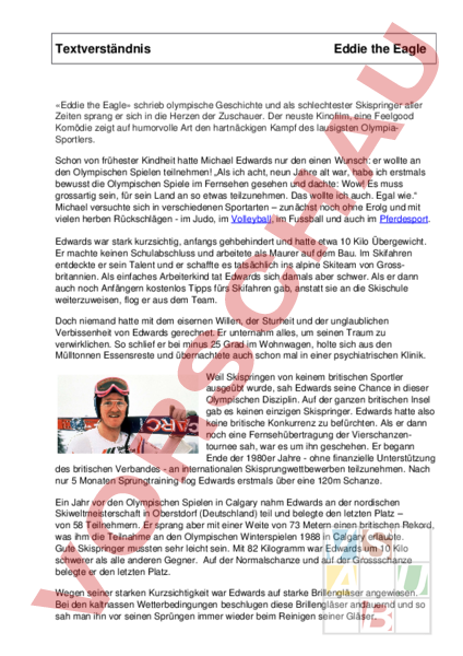 Arbeitsblatt: Eddie the Eagle - Deutsch - Lesefertigkeit