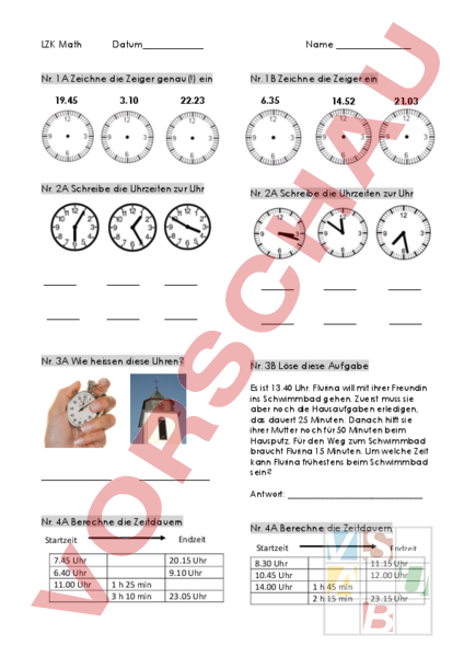 Arbeitsblatt: Test Uhrzeit - Mathematik - Sachrechnen / Grössen