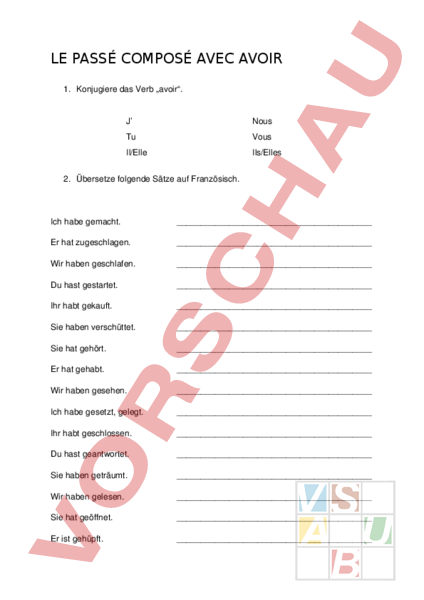 Arbeitsblatt: Le passé composé mit avoir - Französisch - Lehrmittel