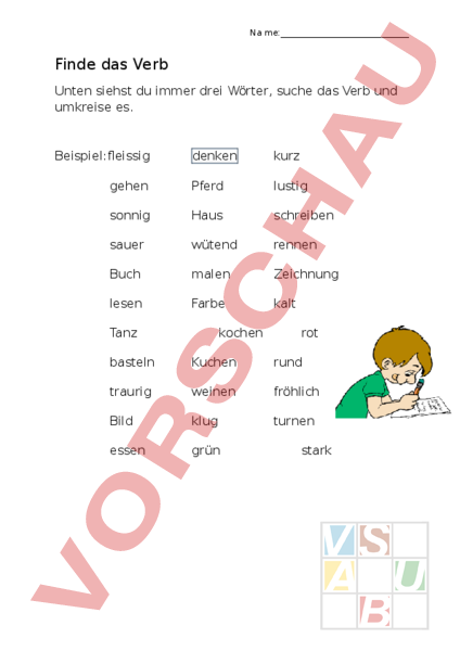 Arbeitsblatt: Finde das Verb - Deutsch - Erstlesen