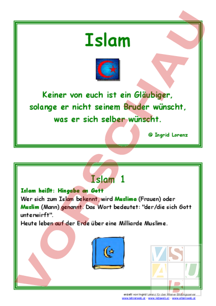 Arbeitsblatt: Islam Karteikarten - Lebenskunde - Religionslehre / Bibel