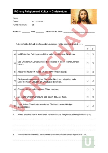 Arbeitsblatt: Test Christentum - Lebenskunde - Religionslehre / Bibel