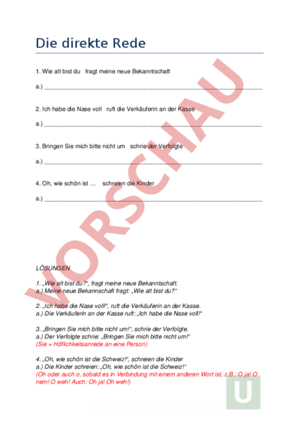 Arbeitsblatt: Direkte Rede - Deutsch - Grammatik