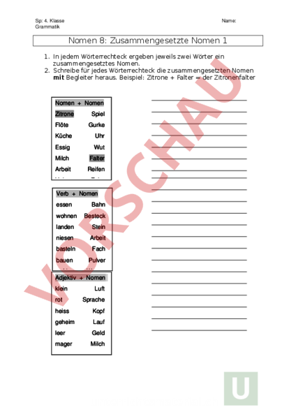 Arbeitsblatt: Zusammengesetzte Nomen - Deutsch - Grammatik