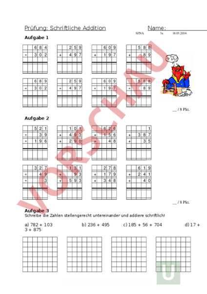 Arbeitsblatt: Prüfung schriftliche Addition - Mathematik - Addition