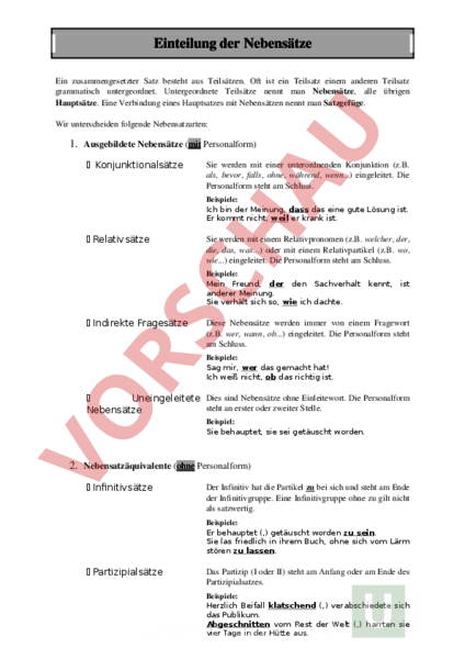 Arbeitsblatt: Einleitung der Nebensätze - Deutsch - Grammatik