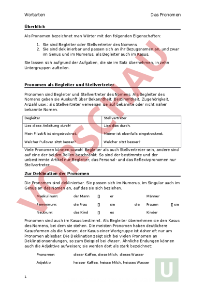 Arbeitsblatt: Wortarten Theorie Pronomen - Deutsch - Grammatik