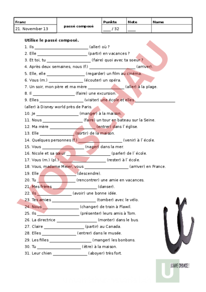 Arbeitsblatt: Test passé composé - Französisch - Grammatik