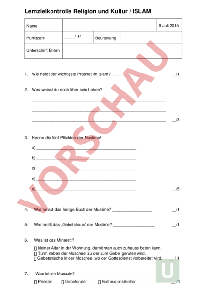 Arbeitsblatt: Lernzielkontrolle Islam - Lebenskunde - Religionslehre ...